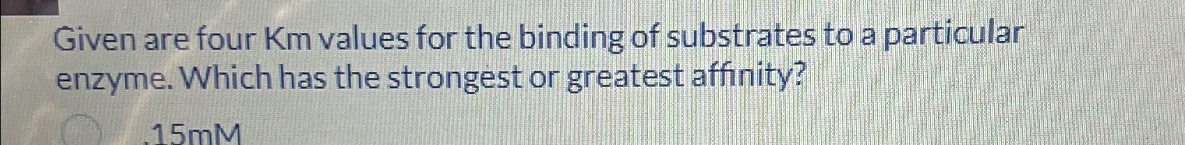 Solved Given are four Km ﻿values for the binding of | Chegg.com