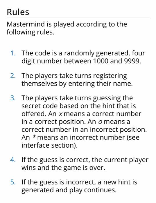Solved Rules Mastermind is played according to the following | Chegg.com