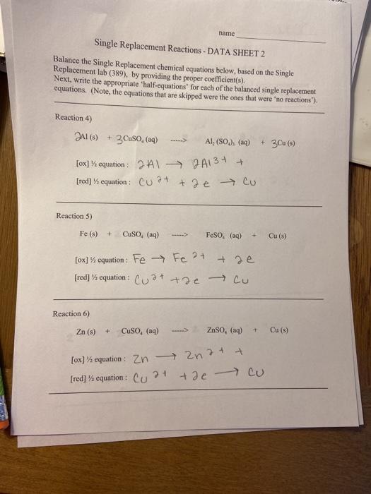 Solved name Single Replacement Reactions - DATA SHEET 2 | Chegg.com