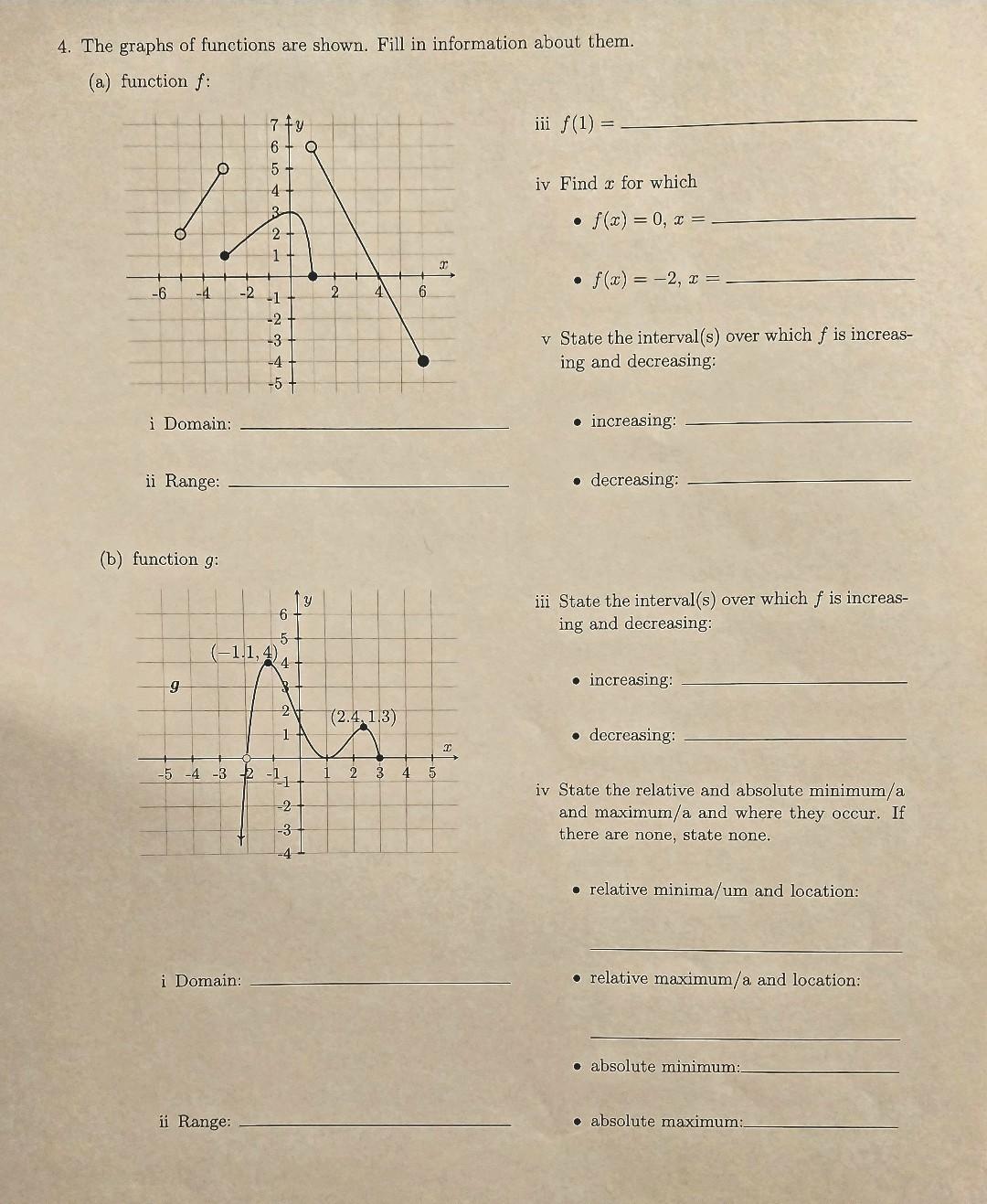 Solved 4. The graphs of functions are shown. Fill in | Chegg.com