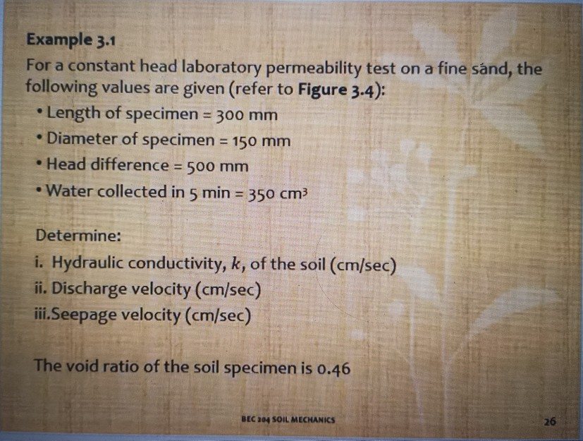 Solved Example 3.1 For a constant head laboratory | Chegg.com