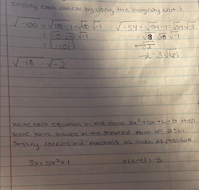 Solved Simplify each radical by using the imaginary unit. I | Chegg.com