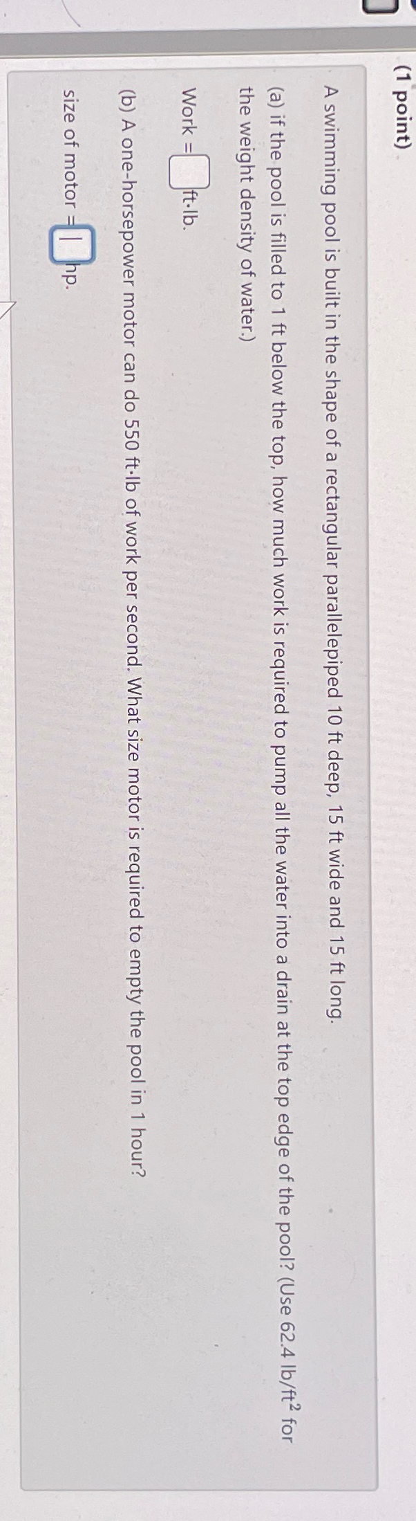 Solved (1 ﻿point)A swimming pool is built in the shape of a | Chegg.com