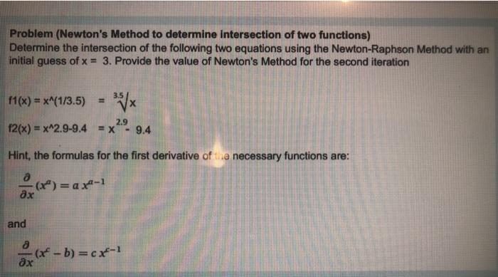 Solved Problem (Newton's Method to determine intersection of | Chegg.com