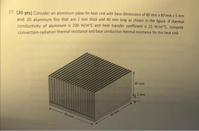 Solved 27. (20 pts) Consider an aluminum plate-fin heat sink | Chegg.com