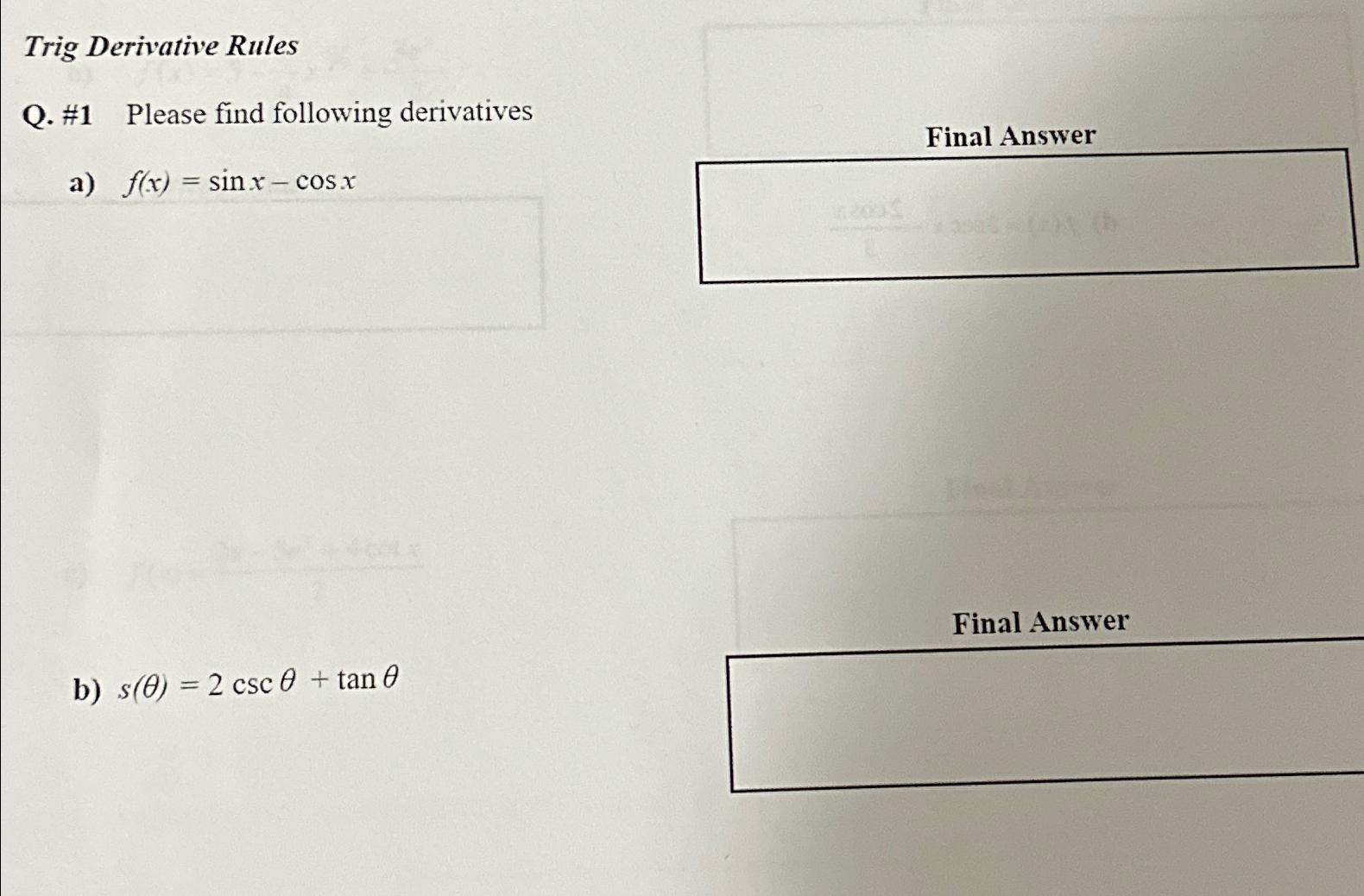 Solved Trig Derivative RulesQ. ﻿#1 ﻿Please find following | Chegg.com