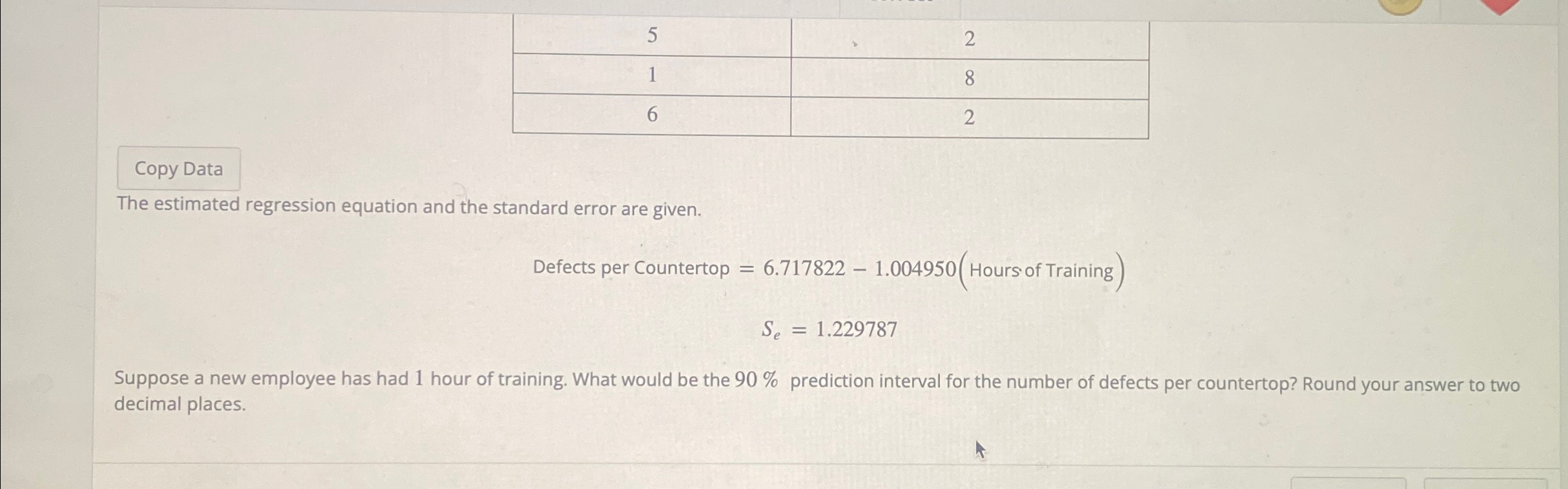 Solved \table[[5,2],[1,8],[6,2]]Copy DataThe estimated | Chegg.com
