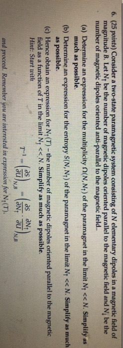 Solved 6. (25 points) Consider a two-state paramagnetic | Chegg.com