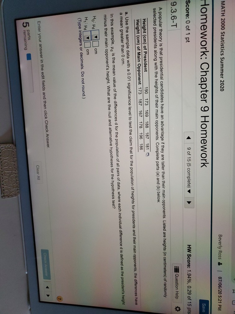 Solved A MATH 2000 Statistics Summer 2020 Beverly Ross & | | Chegg.com