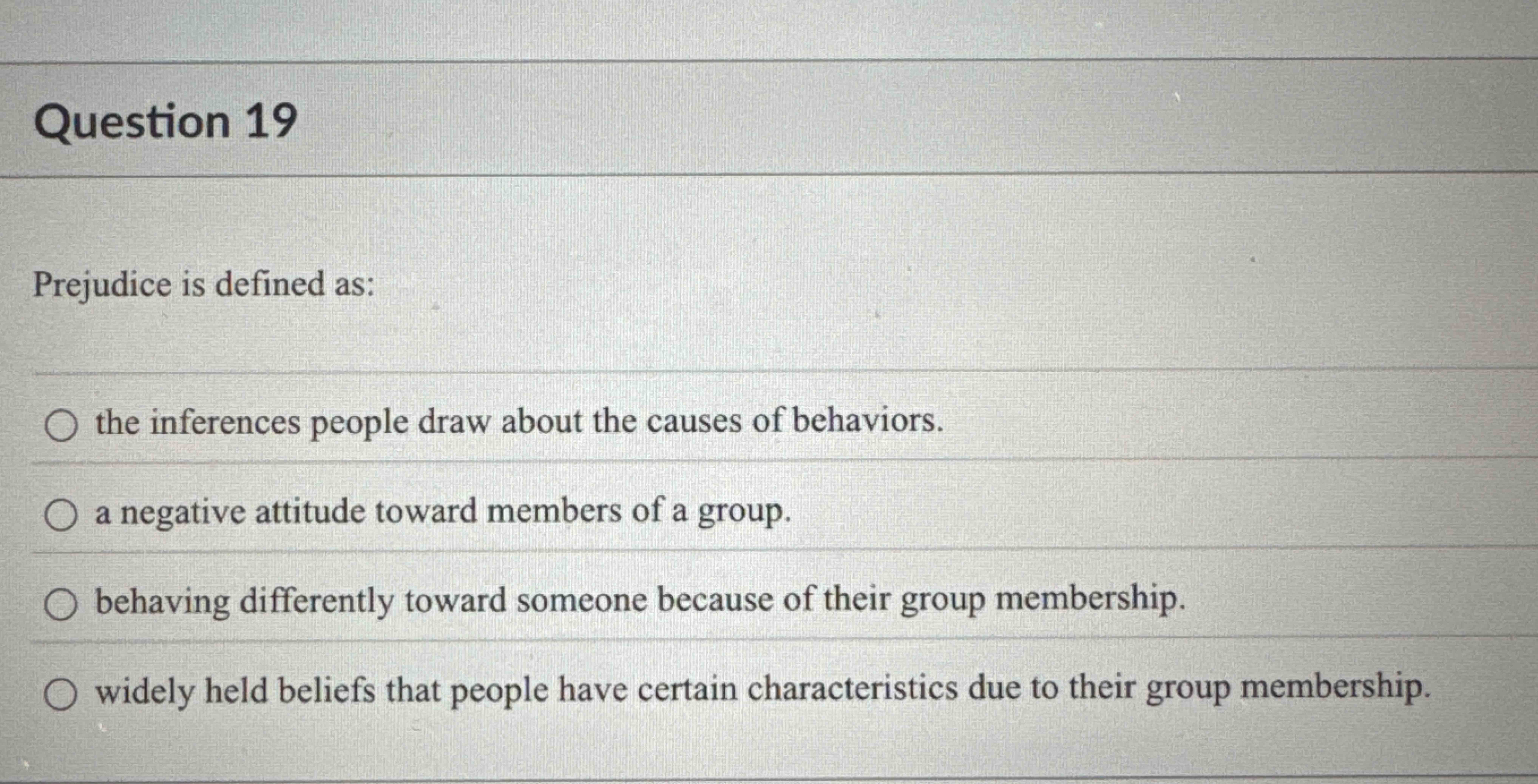 Solved Question 19Prejudice is defined as: the inferences | Chegg.com