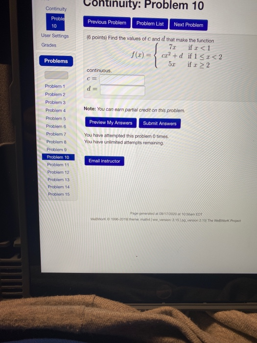 Solved ontinuity: Problem 10 Continuity Proble 10 User | Chegg.com
