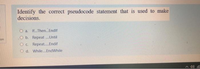 Solved Identify the correct pseudocode statement that is | Chegg.com