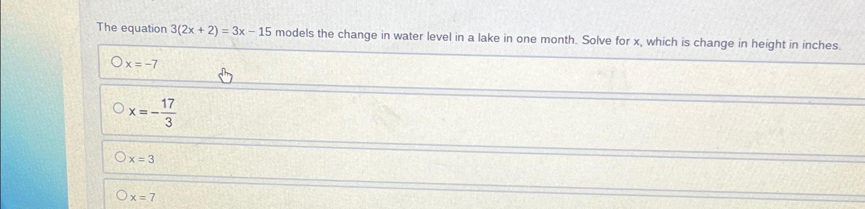 Solved The equation 3(2x+2)=3x-15 ﻿models the change in | Chegg.com