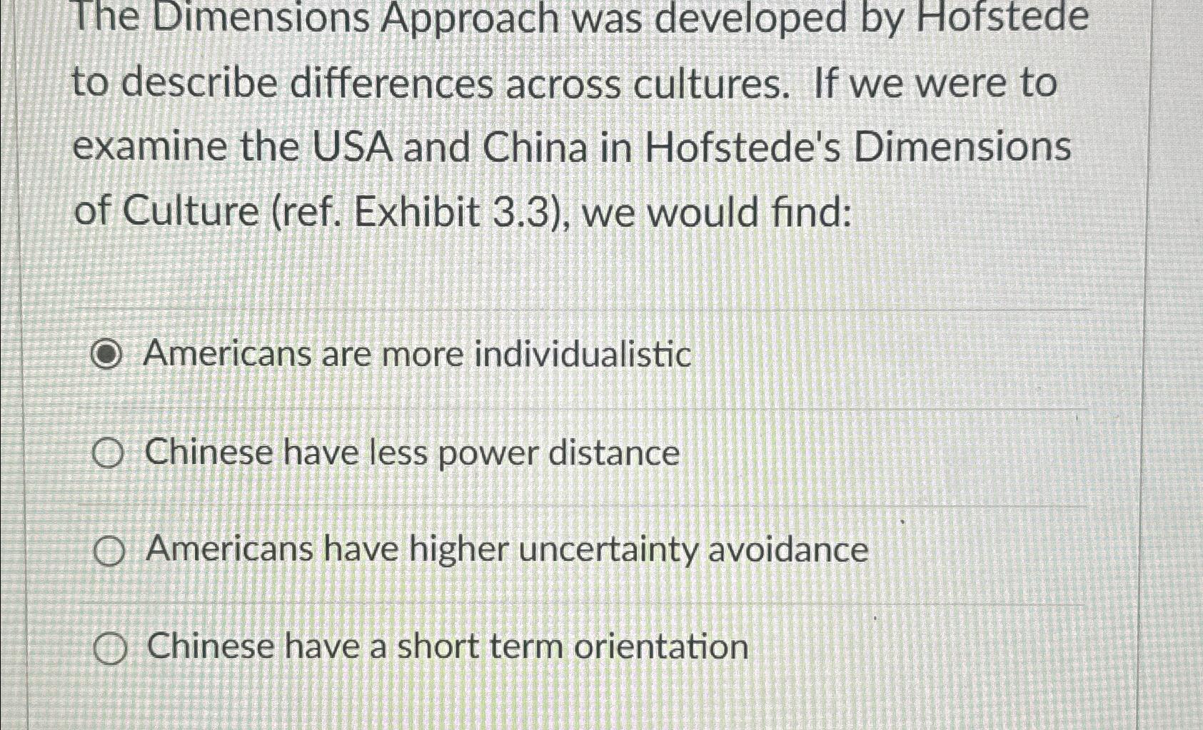 Solved The Dimensions Approach was developed by Hofstede to | Chegg.com
