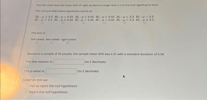 Solved Test the ciaim that the mean capA of night students | Chegg.com