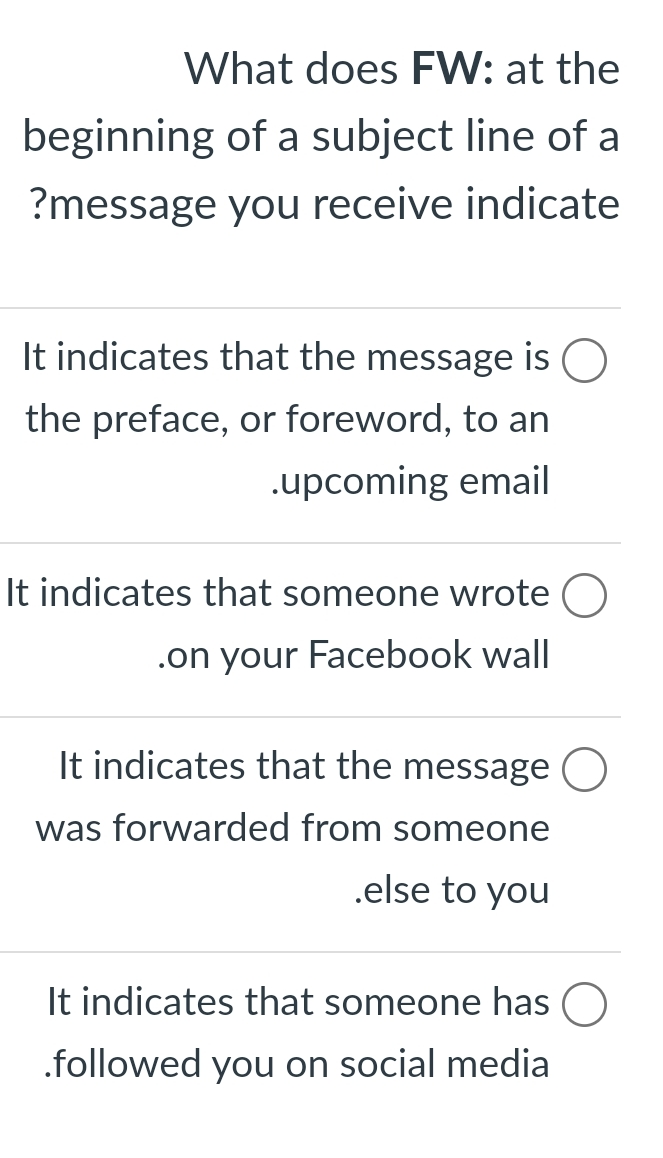Solved What does FW: at the beginning of a subject line of a | Chegg.com