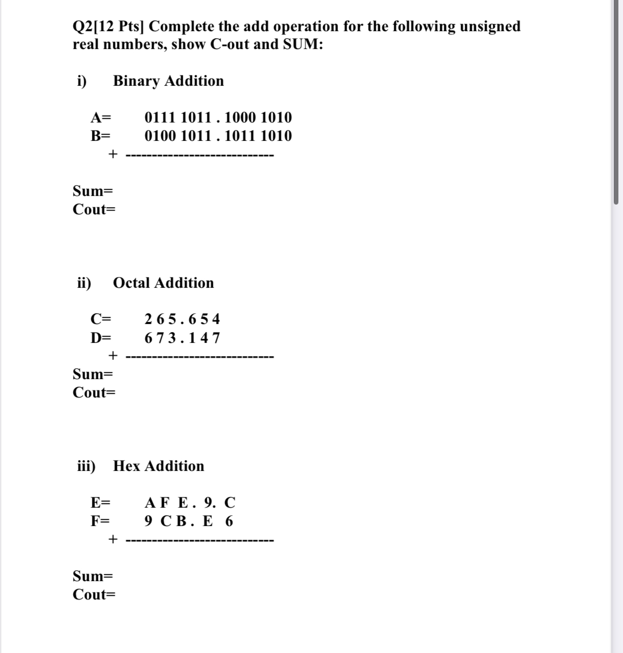 Solved Q2[12 ﻿Pts] ﻿Complete the add operation for the | Chegg.com
