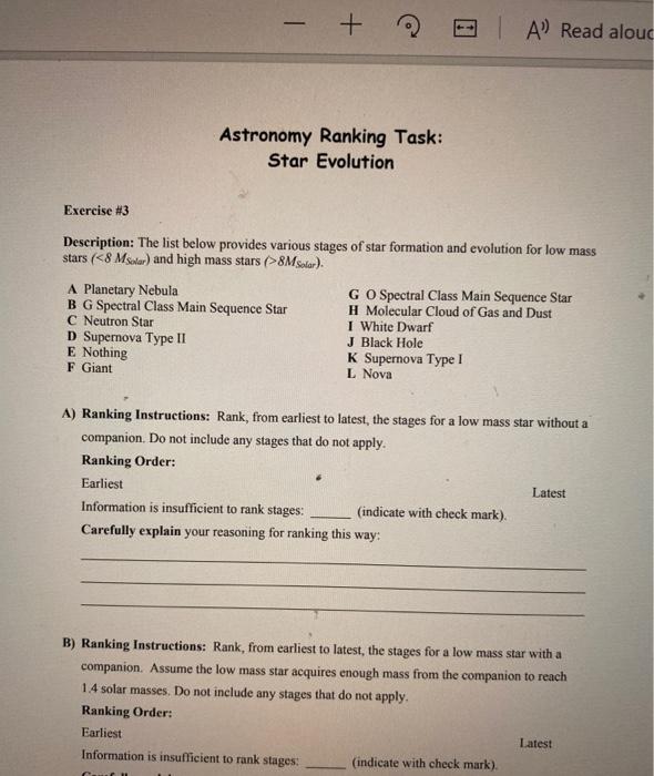 Solved - + --- A' Read alouc Astronomy Ranking Task: Star | Chegg.com