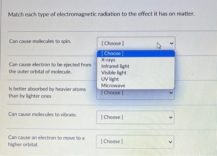 Solved Match each type of electromagnetic radiation to the | Chegg.com