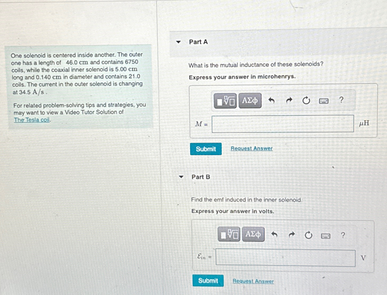 Solved Part AOne solenoid is centered inside another. The | Chegg.com