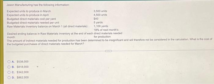 Solved Jason Manufacturing has the following information | Chegg.com