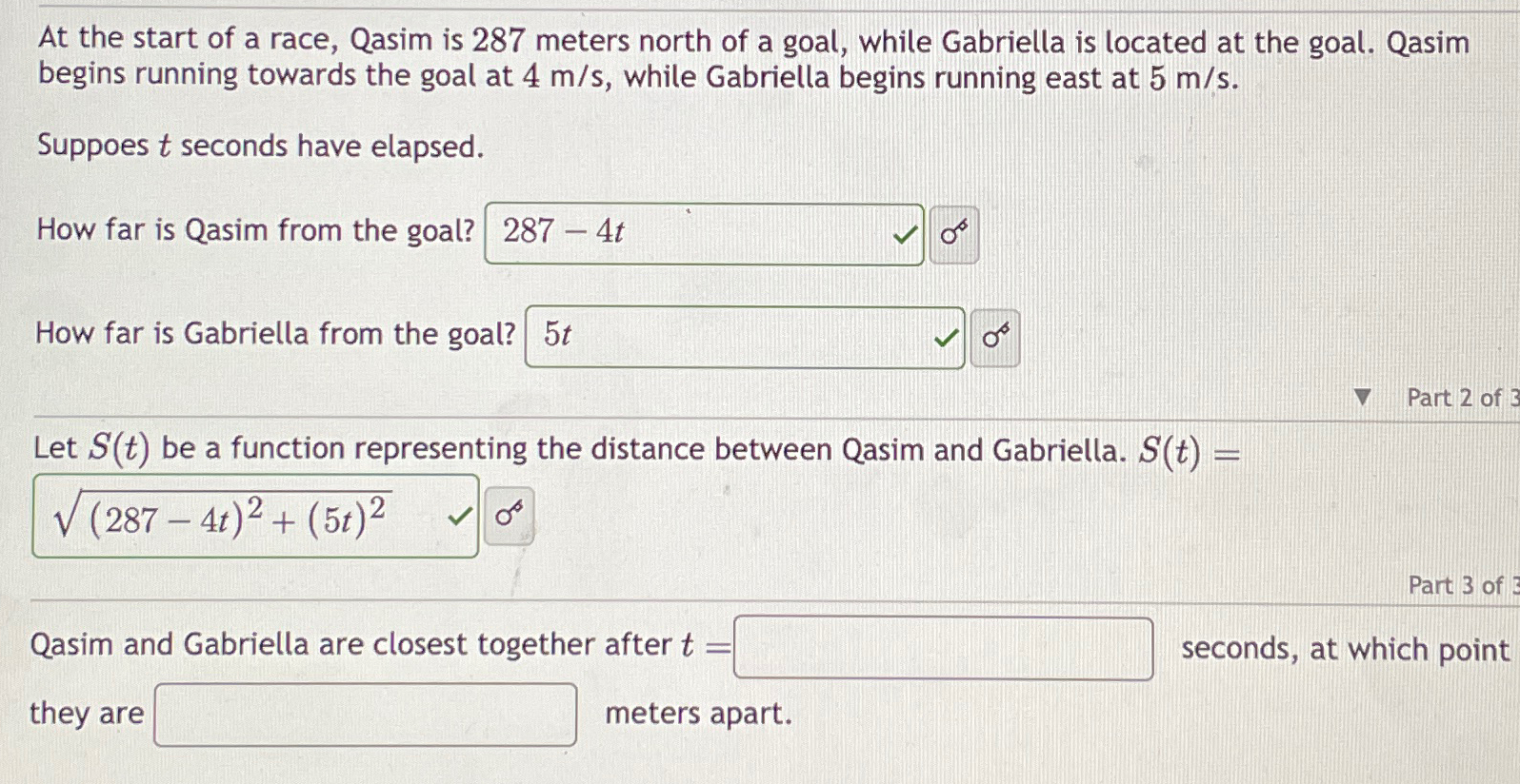 Solved At the start of a race, Qasim is 287 ﻿meters north of | Chegg.com