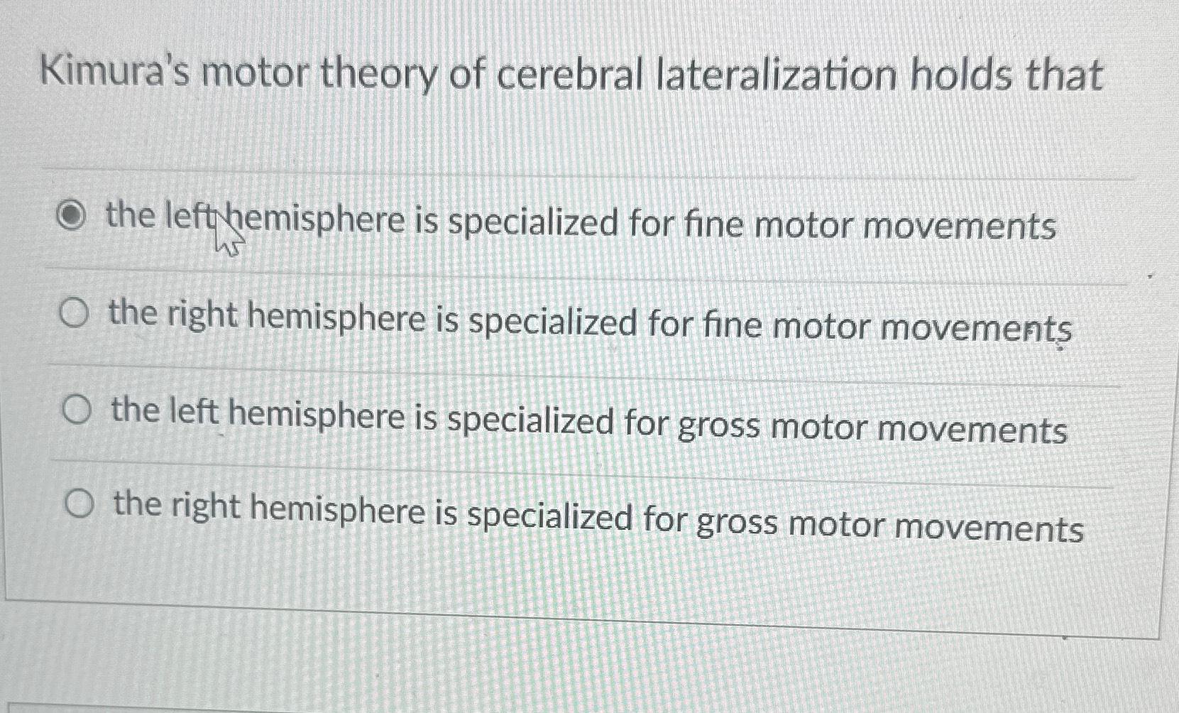 Solved Kimura's motor theory of cerebral lateralization | Chegg.com