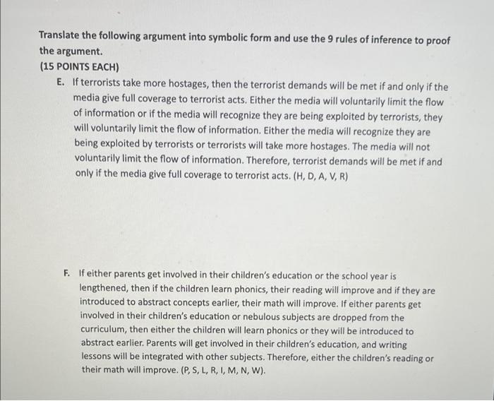 Translate the following argument into symbolic form | Chegg.com