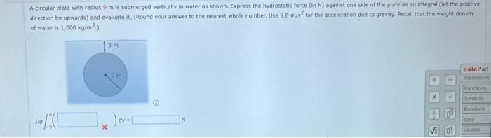 Solved A circular plate with radius 9 m is submerged | Chegg.com