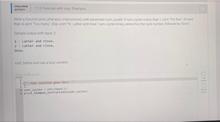 Solved CHALLENGE 7.7.3: Function with loop: Shampoo ACTIVITY | Chegg.com