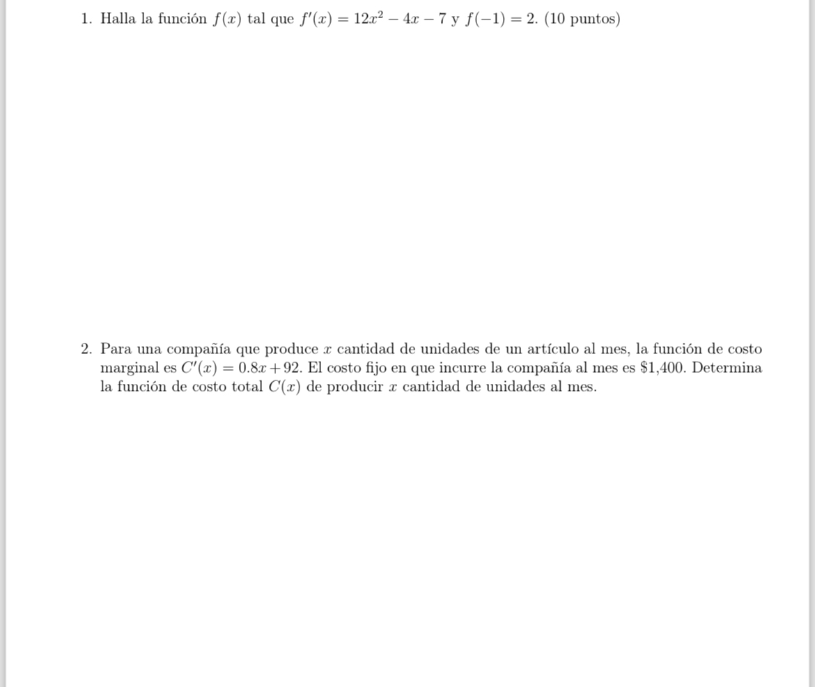 Solved Halla la función f(x) ﻿tal que f'(x)=12x2-4x-7 ﻿y | Chegg.com