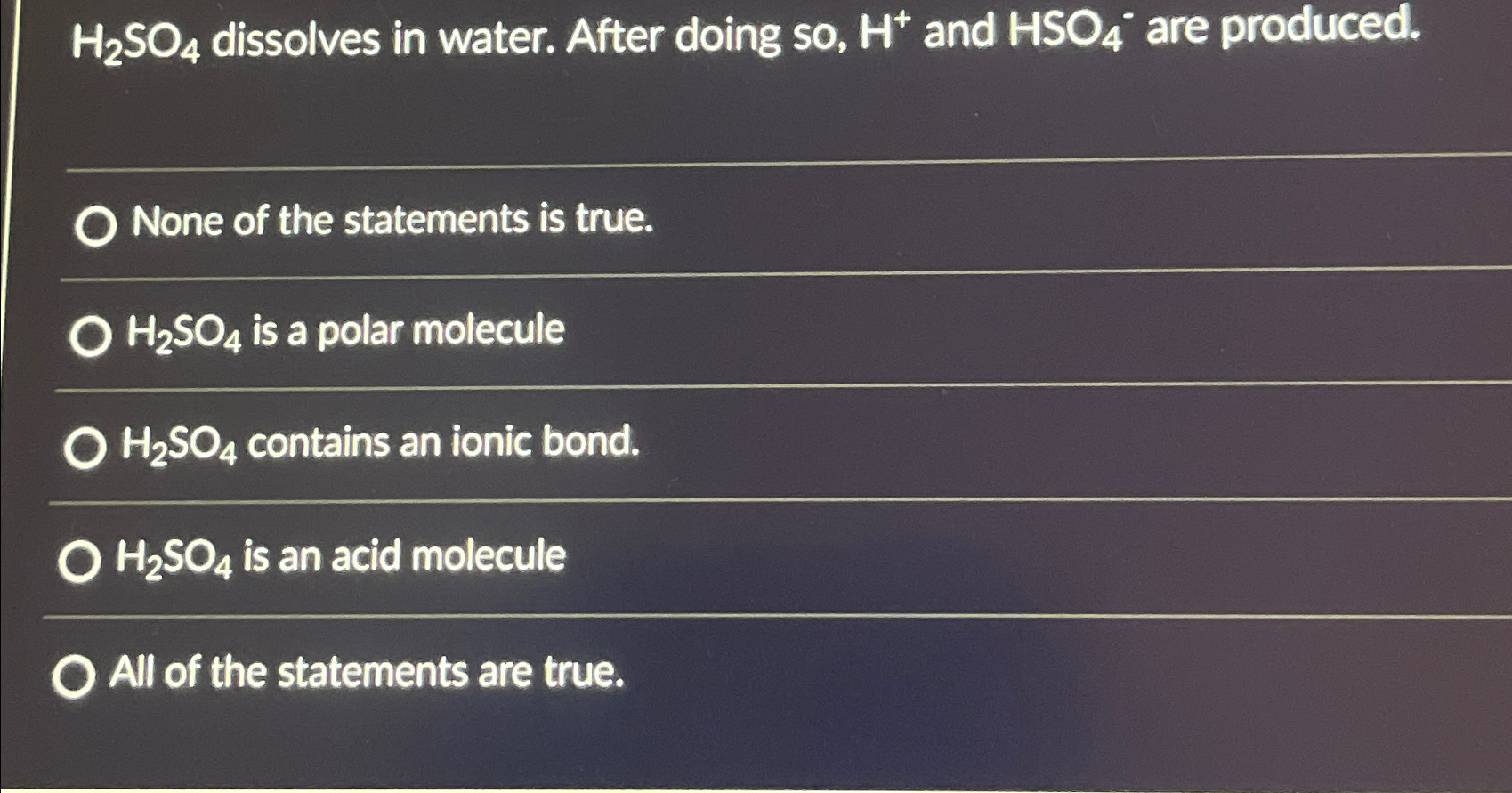 Solved H2SO4 ﻿dissolves in water. After doing so, H+and | Chegg.com