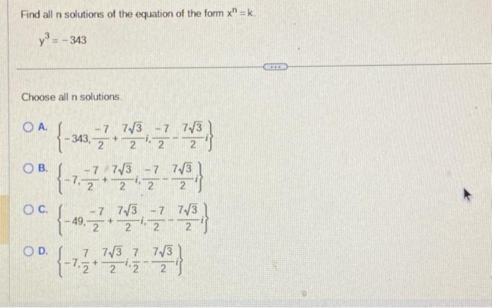 Solved Find all n solutions of the equation of the form xn=k | Chegg.com