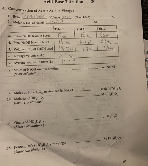 Solved number of moles of HC2H3O2 in vinegar is equal to | Chegg.com