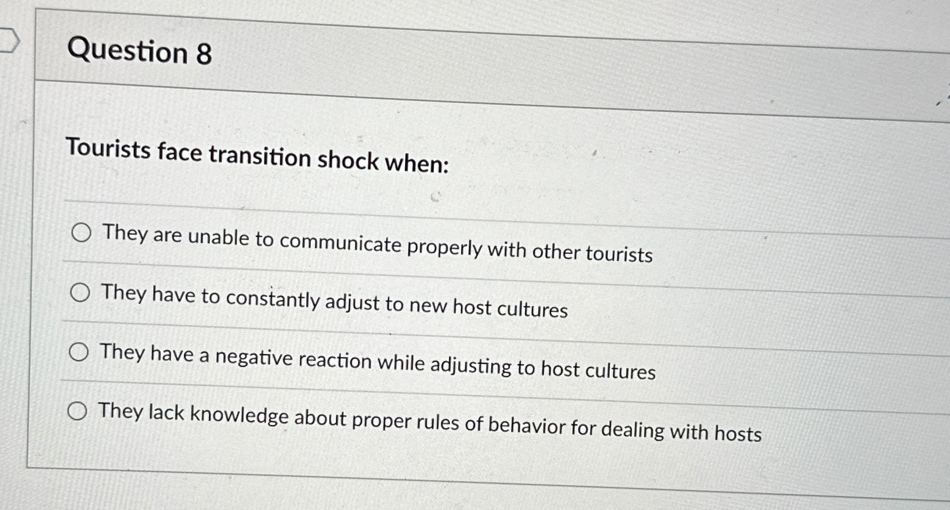 Solved Question 8Tourists face transition shock when:They | Chegg.com