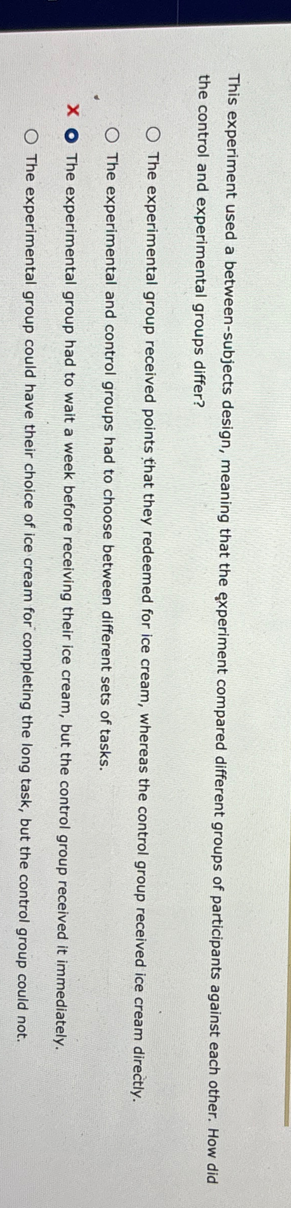 Solved This experiment used a between-subjects design, | Chegg.com
