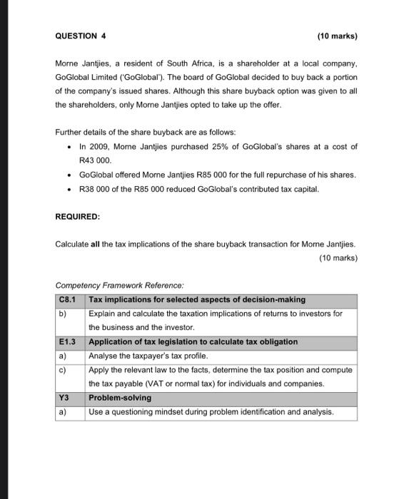 Solved QUESTION 4 (10 marks) Morne Janties, a resident of | Chegg.com