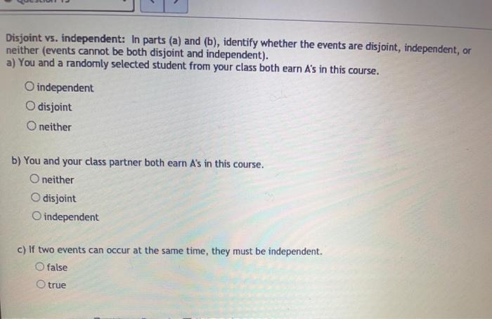 Solved Disjoint vs. independent: In parts (a) and (b), | Chegg.com