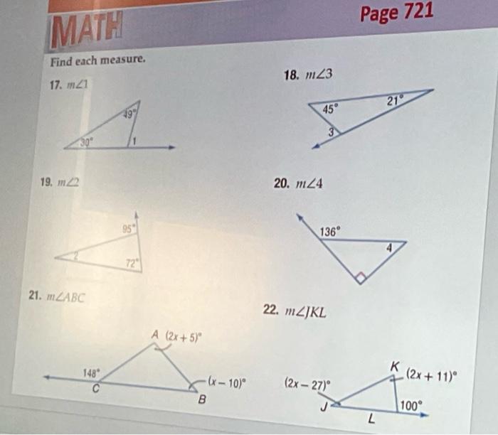 Solved Find each measure. 18. m∠3 17. m∠1 19. m∠2 20. m∠4 | Chegg.com