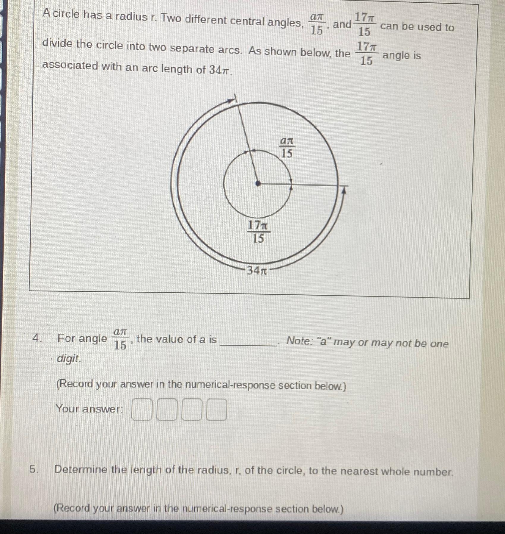 Solved A circle has a radius r. ﻿Two different central | Chegg.com