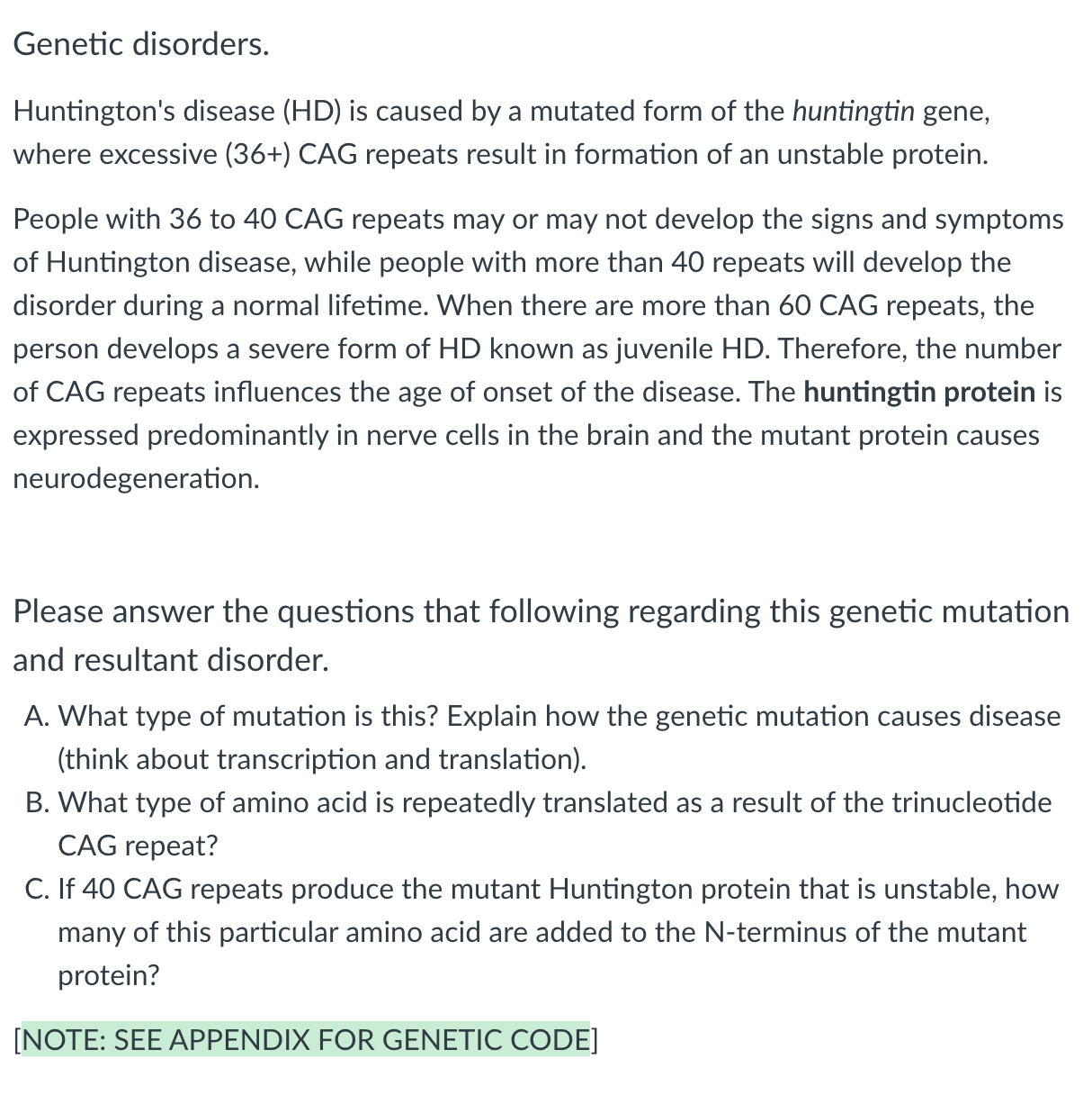 Solved Genetic disorders.Huntington's disease (HD) ﻿is | Chegg.com