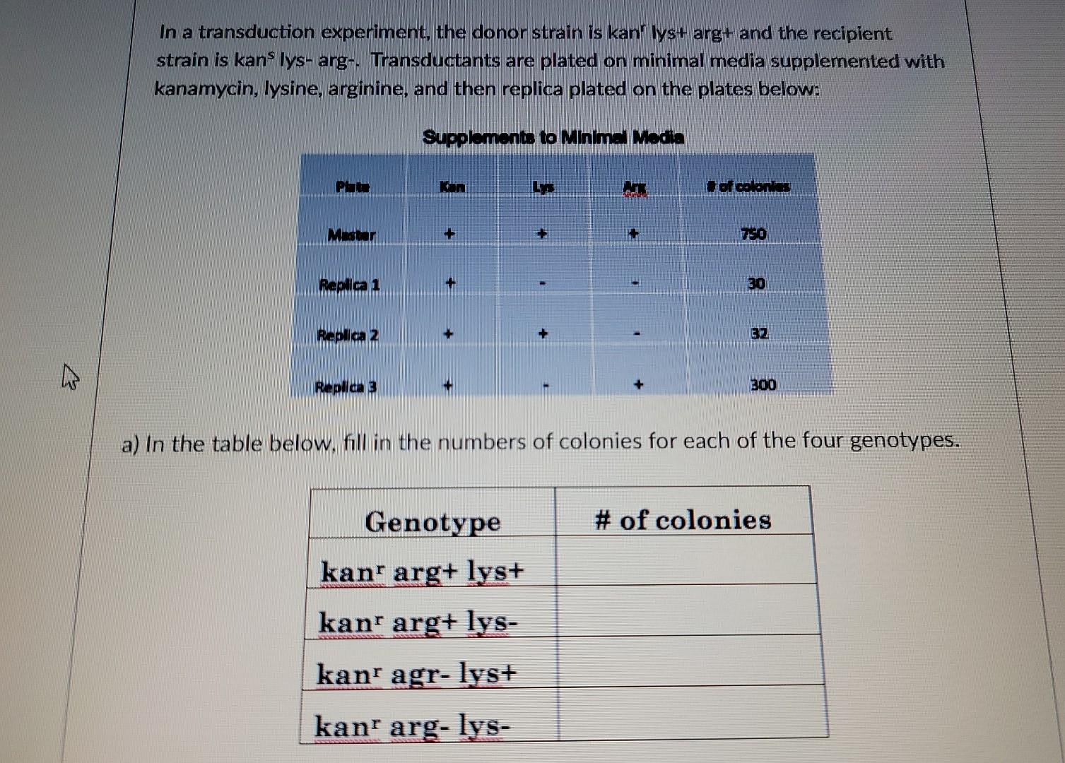 Solved In a transduction experiment, the donorstrain is kan' | Chegg.com