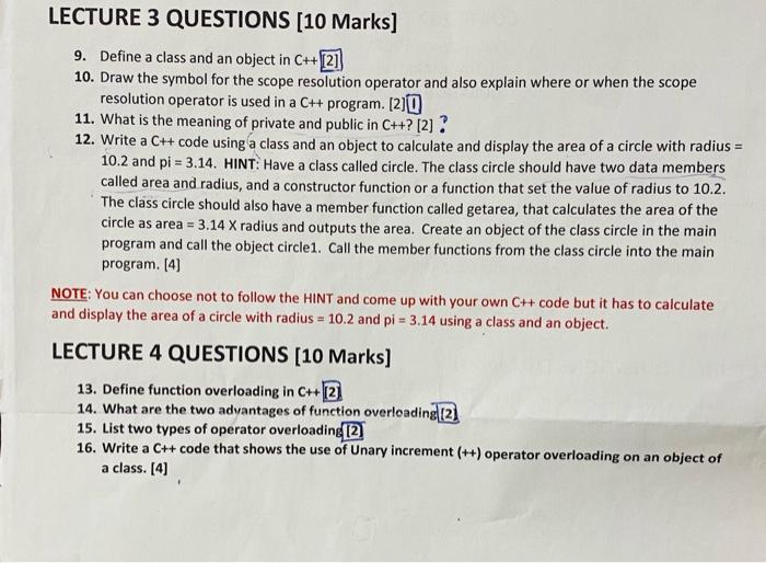 Solved LECTURE 3 QUESTIONS [10 Marks] 9. Define a class and | Chegg.com