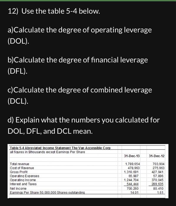 Solved 12) Use the table 5−4 below. a)Calculate the degree | Chegg.com