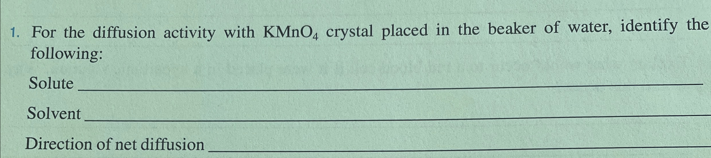 Solved For the diffusion activity with KMnO4 ﻿crystal placed | Chegg.com