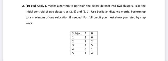 Solved 2. [10 pts] Apply K-means algorithm to partition the | Chegg.com