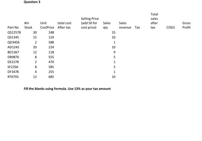 Solved Question 3 Fill the blanks using formula. Use 13% as | Chegg.com