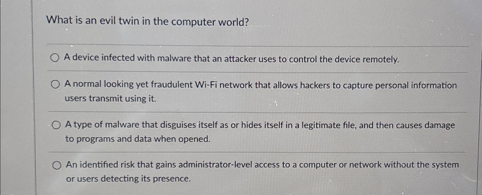 Solved What is an evil twin in the computer world?A device | Chegg.com