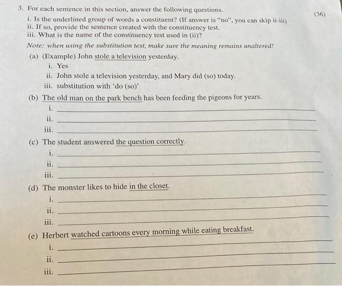 Solved (36) 3. For each sentence in this section, answer the | Chegg.com