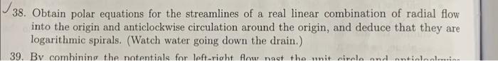 Solved 38. Obtain polar equations for the streamlines of a | Chegg.com